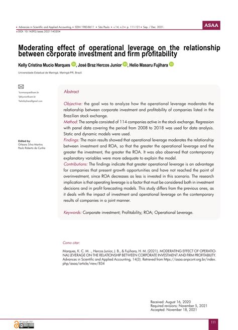 Pdf Moderating Effect Of Operational Leverage On The Relationship Between Corporate Investment