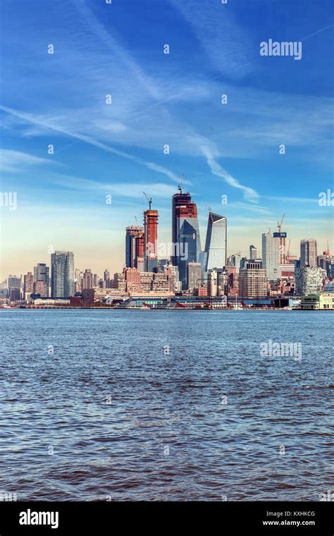 New York City Midtown Manhattan Sunset Skyline Panorama View Stock