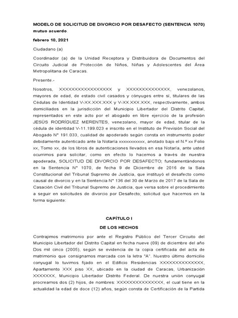 Modelo De Solicitud De Divorcio Por Desafecto Impr Pdf Divorcio Judicaturas