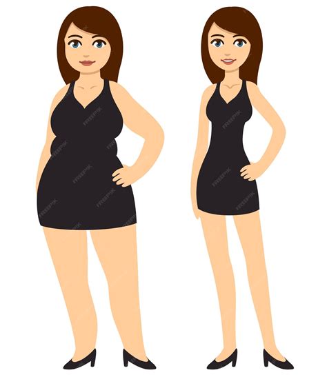 Mujer Con Sobrepeso Y Esbelta Vestida Pérdida De Peso Vector Premium