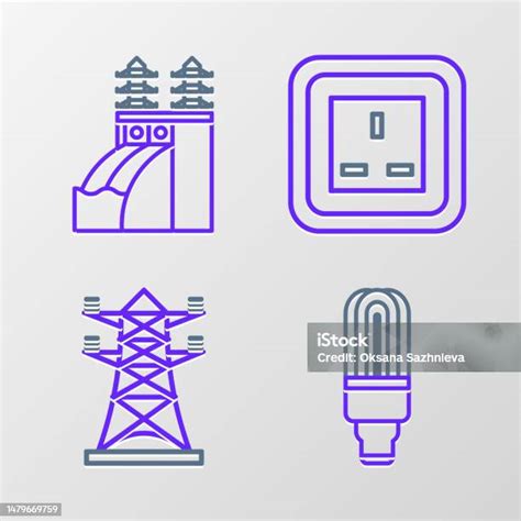 세트 라인 Led 전구 고전압 전봇대 라인 전기 콘센트 및 원자력 발전소 아이콘 벡터 0명에 대한 스톡 벡터 아트 및 기타