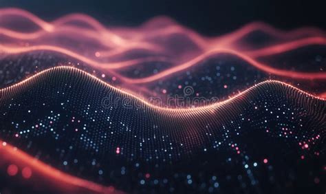 Abstract Digital Landscape With Glowing Waves And Particles In Red And Blue Hues Stock Image