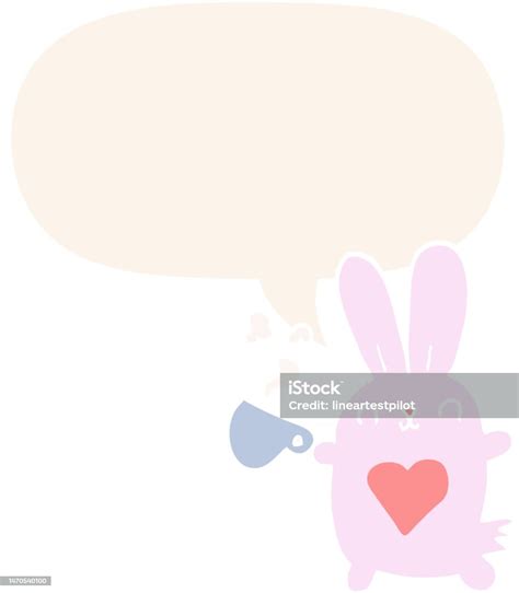 복고풍 스타일의 연설 거품이 있는 사랑의 심장과 커피 컵을 가진 귀여운 만화 토끼 귀여운에 대한 스톡 벡터 아트 및 기타 이미지