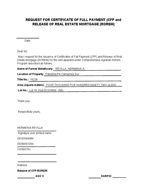 Request For Certificate Of Full Payment Pdf