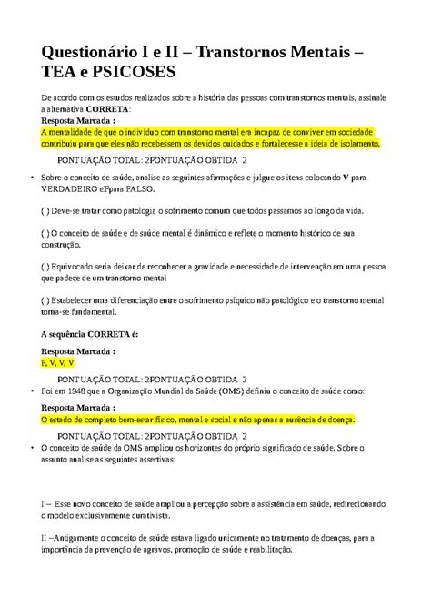 Questionário I e II Transtornos Mentais TEA e Psicoses