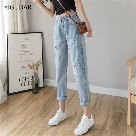 2022 여성 패션 미드 웨이스트 남자친구 큰 찢어진 구멍 청바지 캐주얼 하이 스트리트 데님 바지 섹시한 빈티지 펜슬 칼카 청바지 신제품 Aliexpress