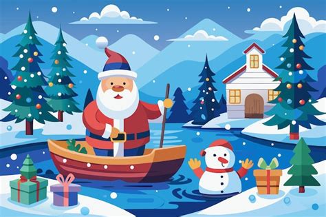 Una Ilustración De Dibujos Animados De Un Papá Noel En Un Barco Con Un Muñeco De Nieve Y Un