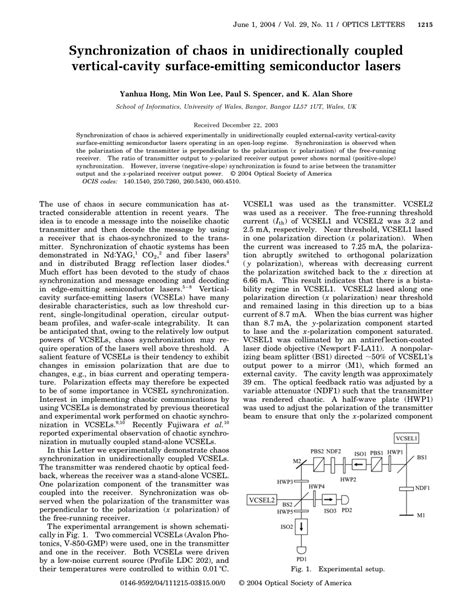Pdf Synchronization Of Chaos In Unidirectionally Coupled Vertical Cavity Surface Emitting