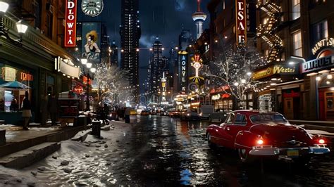 A Vibrant City Street At Night Featuring Vintage Cars Neon Lights