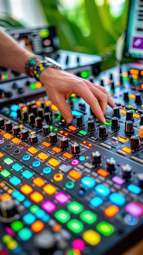 Hand Adjusting Vibrant Colorful Music Mixer With Electronic Controls