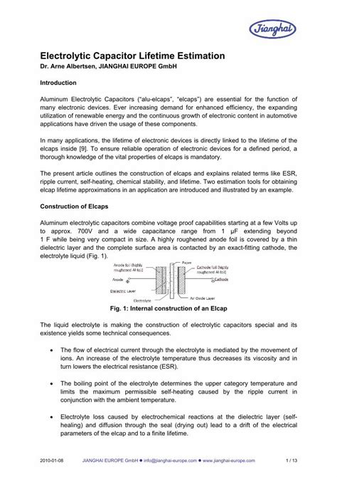 Pdf Electrolytic Capacitor Lifetime Estimationjianghai