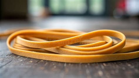 Stretching Rubber Bands Material On Wooden Surface Closeup Photography