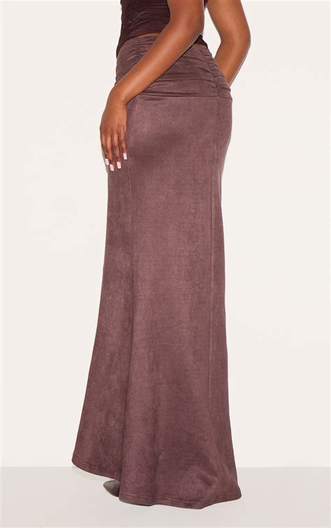 Chocolate Faux Suede Ruching Waist Maxi Skirt Bottoms Prettylittlething