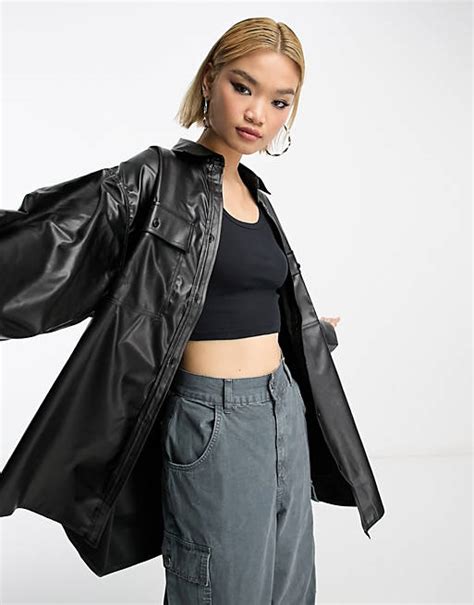 Asos Design Oversized Shacket In Pu In Black Asos