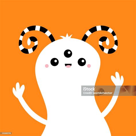 즐거운 할로윈 보내세요 몬스터 화이트 실루엣 귀여운 만화 가와이 무서운 으스스한 캐릭터 눈 줄무늬 뿔 손을 위로 부 재미있는 아기 컬렉션 인사말 카드 주황색 배경 플랫