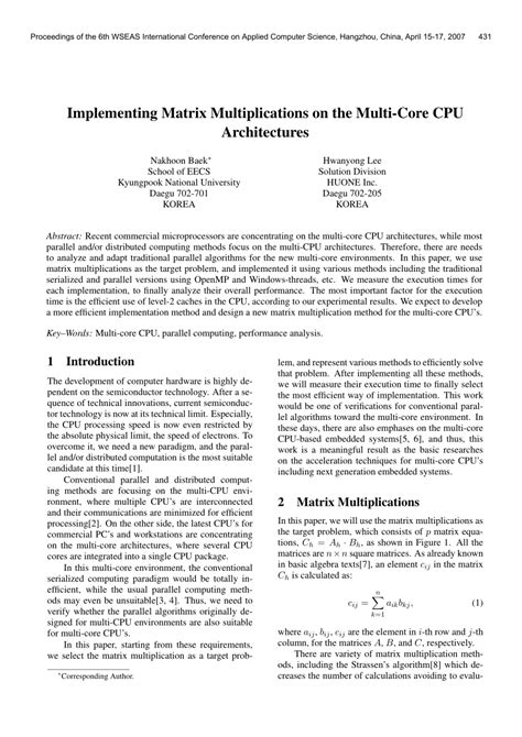PDF Implementing Matrix Multiplications On The Multi Core CPU Architectures