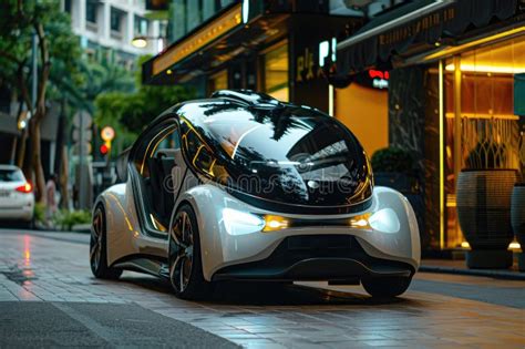 Futuristic Compact Size Electric Car Parked On A Street Automotive
