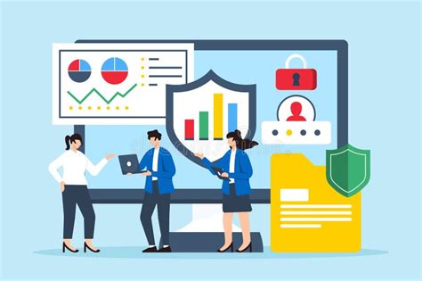 Flat Illustration Of Team Of Analysts Discussing Data Privacy With Cybersecurity Charts Stock