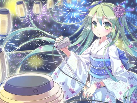 Blush Fireworks Flowers Green Eyes Green Hair Hatsune Miku Japanese