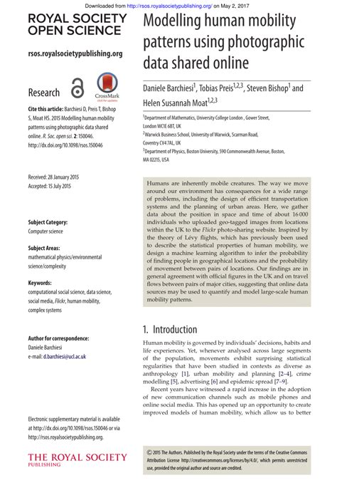 Pdf Modelling Human Mobility Patterns Using Photographic Data Shared Online
