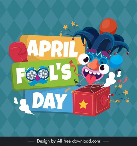 April Fools Day Poster Template Funny Dynamic Clown Box Toy Vectors