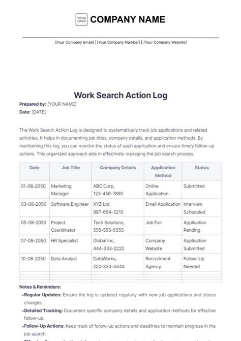 Free Work Search Action Log Template To Edit Online