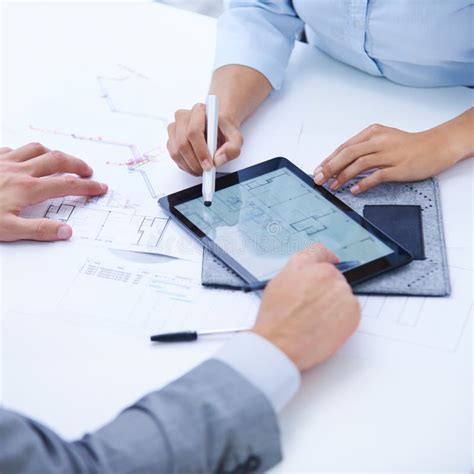 Tablet Blueprint Screen Or Hands Of People In Meeting For Planning Or Engineering Project