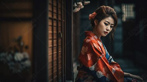 빨간 기모노를 입고 창가에 앉아 있는 아름다운 일본 여자 빨간색 배경 키모노 배경 앉아 있는 배경 이미지 Hd 빨간색 키모노 앉아 있는 배경 사진 무료 다운로드