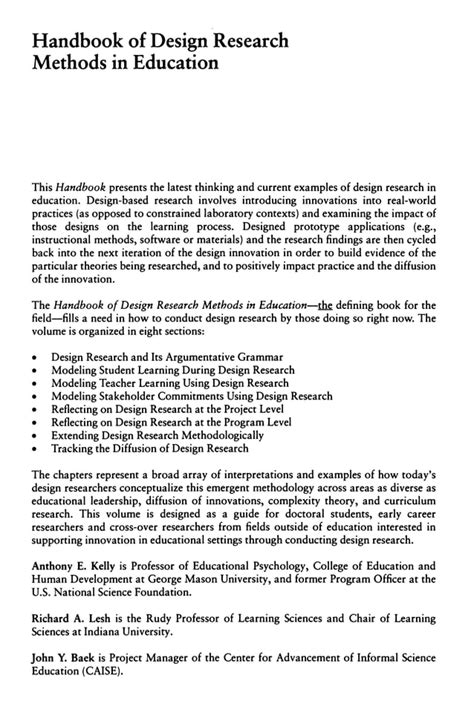 Handbook Of Design Research Methods In Education Innovations In Science