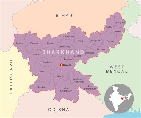 Mapa del distrito de jharkhand con el estado y el país vecino Vector