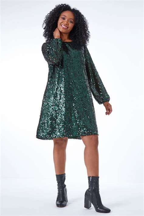 Petite Sequin Shift Dress In Green Petite Uk
