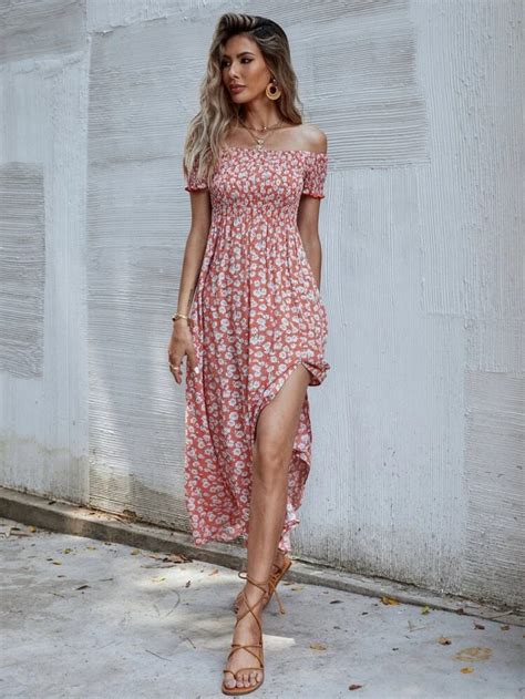 Ditsy Floral Bardot Shirred Split Thigh Dress Red Flower Cb Shop Usa
