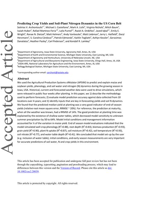 Pdf Predicting Crop Yields And Soil‐plant Nitrogen Dynamics In The Us