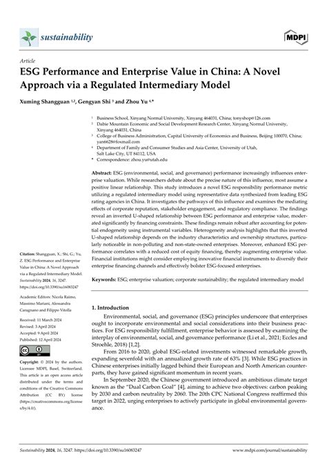 Pdf Esg Performance And Enterprise Value In China A Novel Approach Via A Regulated