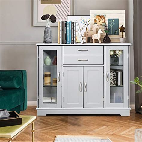 Giantex Sideboard Buffet Server Storage Cabinet W Drawers Cabinets And Glass Doors For