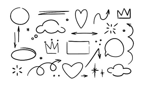 Doodle 반짝이 펜 라인 요소가 흰색 배경에 있습니다 낙서 하트 화살표 별 강조 말풍선 스파클 요소 세트 아이콘입니다 간단한