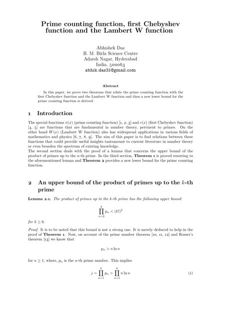 Pdf Prime Counting Function First Chebyshev Function And The Lambert W Function
