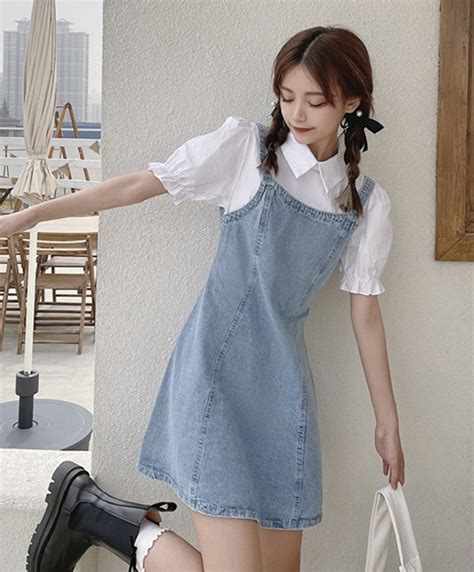 여성스러운 깔끔한 스타일 퍼프소매 레이어드 데님 원피스 멜빵 스타일 어깨 끈 스트랩 있는 원피스 나시 원피스 여름 연청 귀여운 스타일 여성 데일리룩