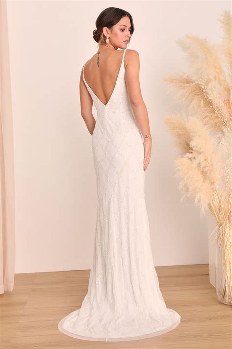White Sequin Maxi Dress Backless Bridal Gown Mermaid Maxi Lulus