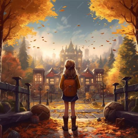 Premium Ai Image Anime Girl Walking In The Autumn Forest With A