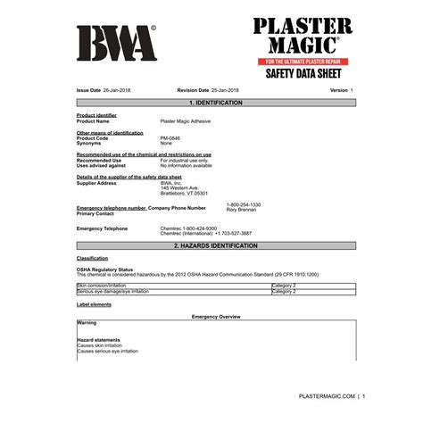 Plaster Magic® Adhesive Safety Data Sheet
