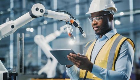 Premium Ai Image Industry Engineer In Factory Using Digital Tablet With Automated Robot Arm