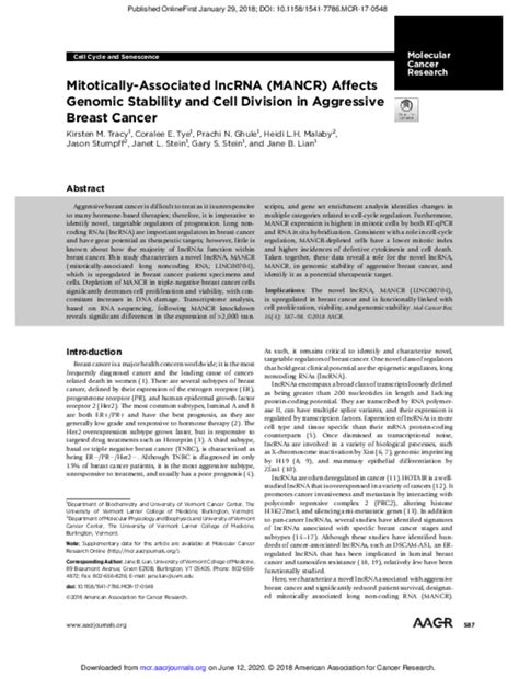 Pdf Mitotically Associated Lncrna Mancr Affects Genomic Stability