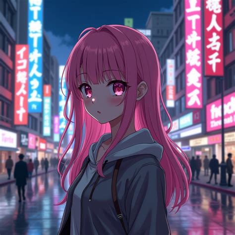 Two Animated Characters Walk Among A Bustling Crowd On A Neon Lit Street In A Japanese City At