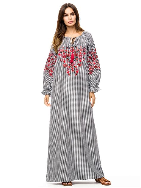 Buy Casual Embroidery Abaya Maxi Dress Ankle Length