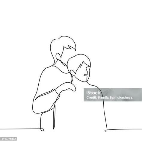 키가 큰 남자는 어깨에 손을 얹고 다른 사람 뒤에 서 있습니다 한 선 그리기 벡터 컨셉 남성 스킨쉽 키 차이 라인아트에 대한 스톡 벡터 아트 및 기타 이미지 Istock