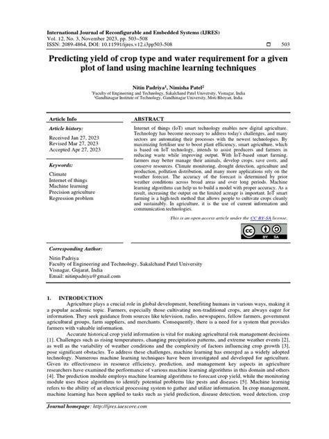 predicting yield of crop type and water requirement for a given plot of