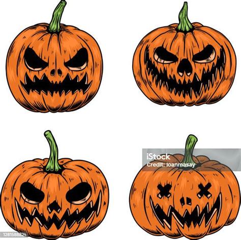 무서운 할로윈 호박의 일러스트 레이션 세트 포스터 카드 배너 기호 엠블럼을 위한 디자인 요소 벡터 일러스트레이션 10월에 대한 스톡 벡터 아트 및 기타 이미지 Istock