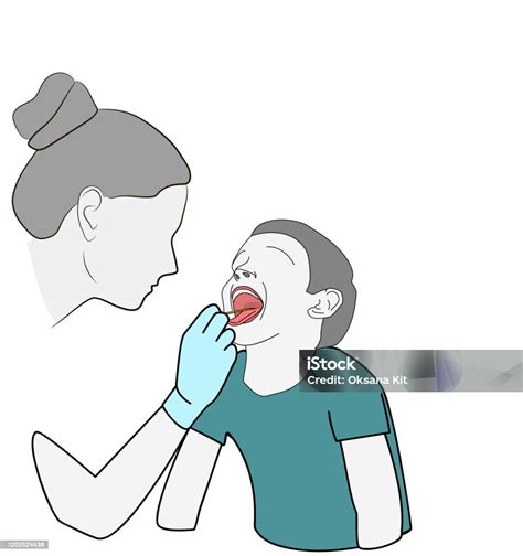 의사는 소년의 목을 바라본다 감기 질병의 증상 벡터 일러스트레이션을 참조하십시오 건강 진단에 대한 스톡 벡터 아트 및 기타