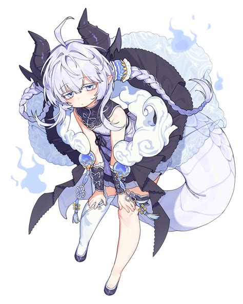 Hufy Original Highres Tagme Ahoge Asymmetrical Legwear Braid Dragon Girl Dragon Horns